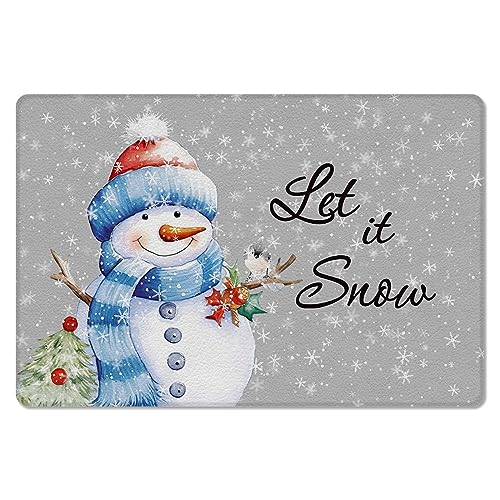 Grey Snowman Antifatigue Kitchen Bath Door Mat Cushioned Runner Rug,Washable Welcome Floor Sink Mat,Waterproof Non-Slip Comfort Standing Doormat,Christmas Winter Snowflake Bird Berry 18"x30"