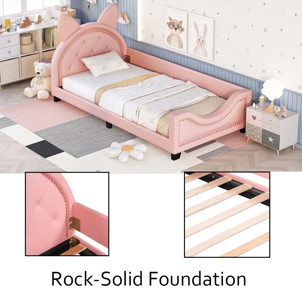 RIDFY Daybed with Headboard, Rabbit-Shaped Camas, Wood Twin Platform Bed Frame for Girls Boys, Cute Upholstered Sofa Bed, PU Leather, Space-Saving, No Box Spring Needed (Pink)