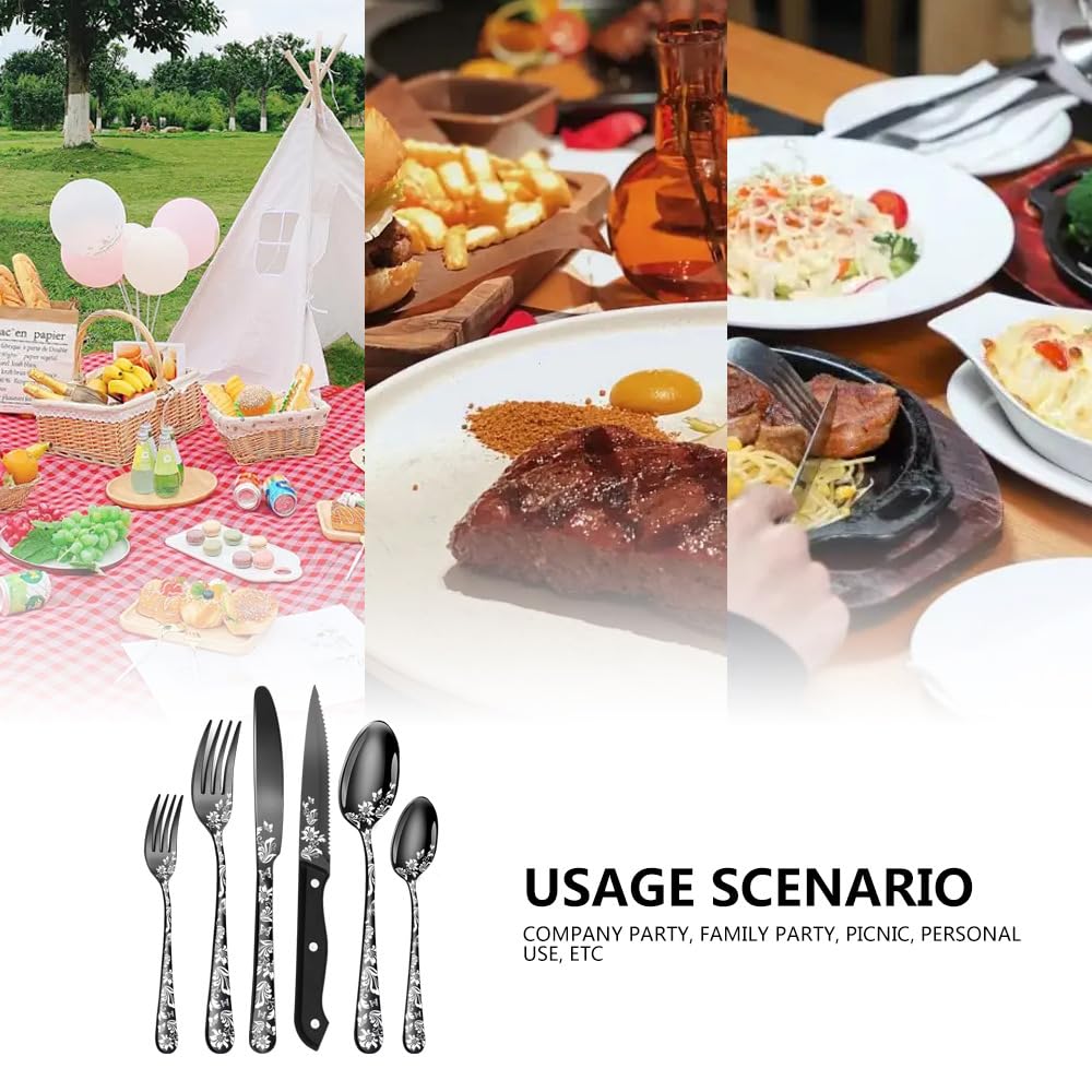 Aimilan 72 Pcs Black Silverware Set with Steak Knives Service for 12,Stainless Steel Creative Print Flatware Set,Mirror Polished Cutlery Utensil Set, Dishwasher Safe (72 Pcs Service for 12)