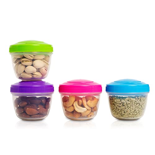 Snack Containers (4 Set) - 4.75 Oz Small Food Storage Cups with Lids - Fruit, Nuts, Sauce, Condiments, Salad Container for Lunch Box - Reusable Dessert Cups, Microwave and Freezer Friendly, BPA-free (S/4 Multi)