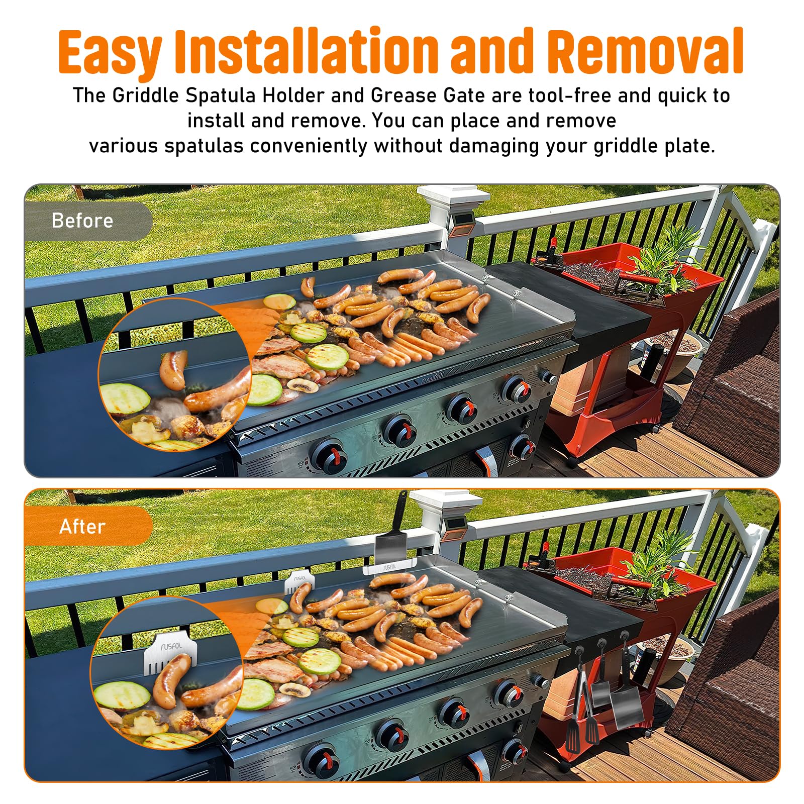 RUSFOL 3-in-1 Stainless Steel Griddle Spatula Holder with Mesh Screen Grease Gate and 3 Magnetic Hooks for 28"/36" Blackstone Griddles, Flat Top Griddle BBQ Accessories, Free from Drill&Easy Install