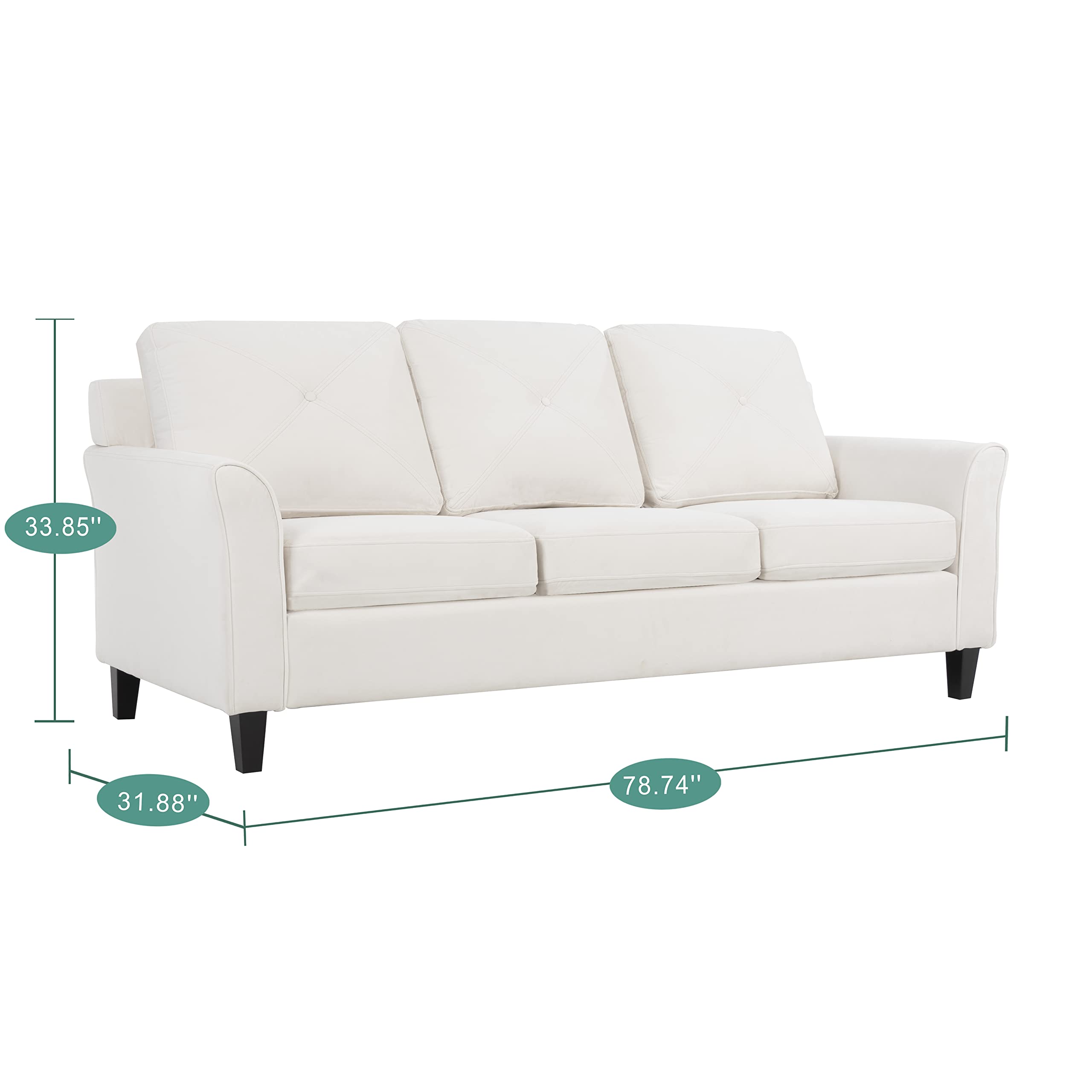 Naomi Home Button Tufted Sofa with Rolled Arms, Tufted Cushions / 3 Seater Sofa Couch for Small Spaces, Living Room, Bedroom, Apartment, Easy Tool-Free Assembly, Microfiber, Cream (P-03778)