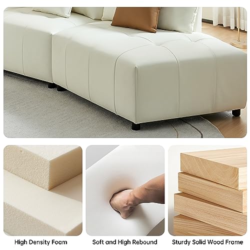 BAMOOLI 120'' Leather Curved Sectional Couches, Mid-Century Modern Leather Sectional Sofa Couches with 3 Pillows, Modular Sectional Couch Real Leather Sofas for Living Room, Bedroom, Apartment, Beige