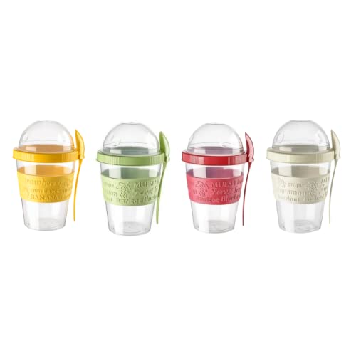 EYNEL 4 Pack On The Go Cereal Yogurt Cups with Lids and Spoon, Overnight Oats Container, Reusable Parfait Plastic Milk Jar Breakfast Crunch Granola Oatmeal Smoothie Snack Prep Bowl (4 Colors Set)