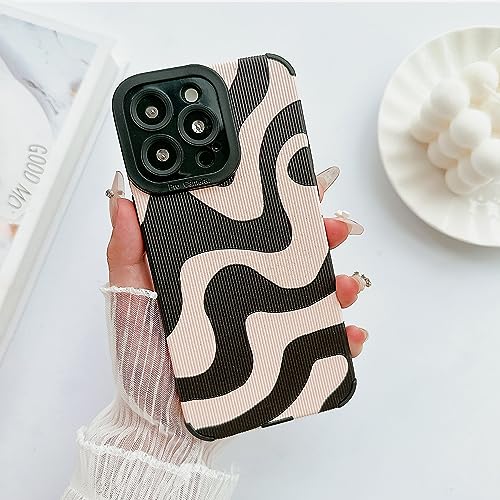 INJPCUCA Designed for iPhone 13 Pro Max Case, Cute Wave Pattern Design Black Protective Case for Women Girls PU Leather Silicone Slim Shockproof Cover for iPhone 13 Pro Max 6.7", Beige Pink