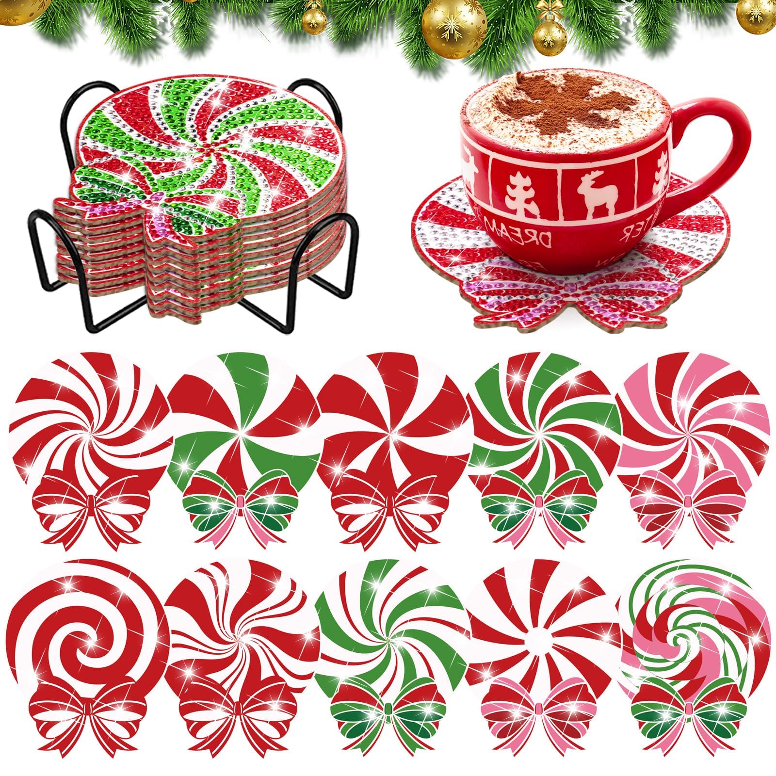 YLOLUL 10 Pcs Christmas Candy Diamond Art Coasters Kits DIY Candy Diamond Art Coasters with Holder for Beginners Adults and Kids Art Craft Supplies Gift