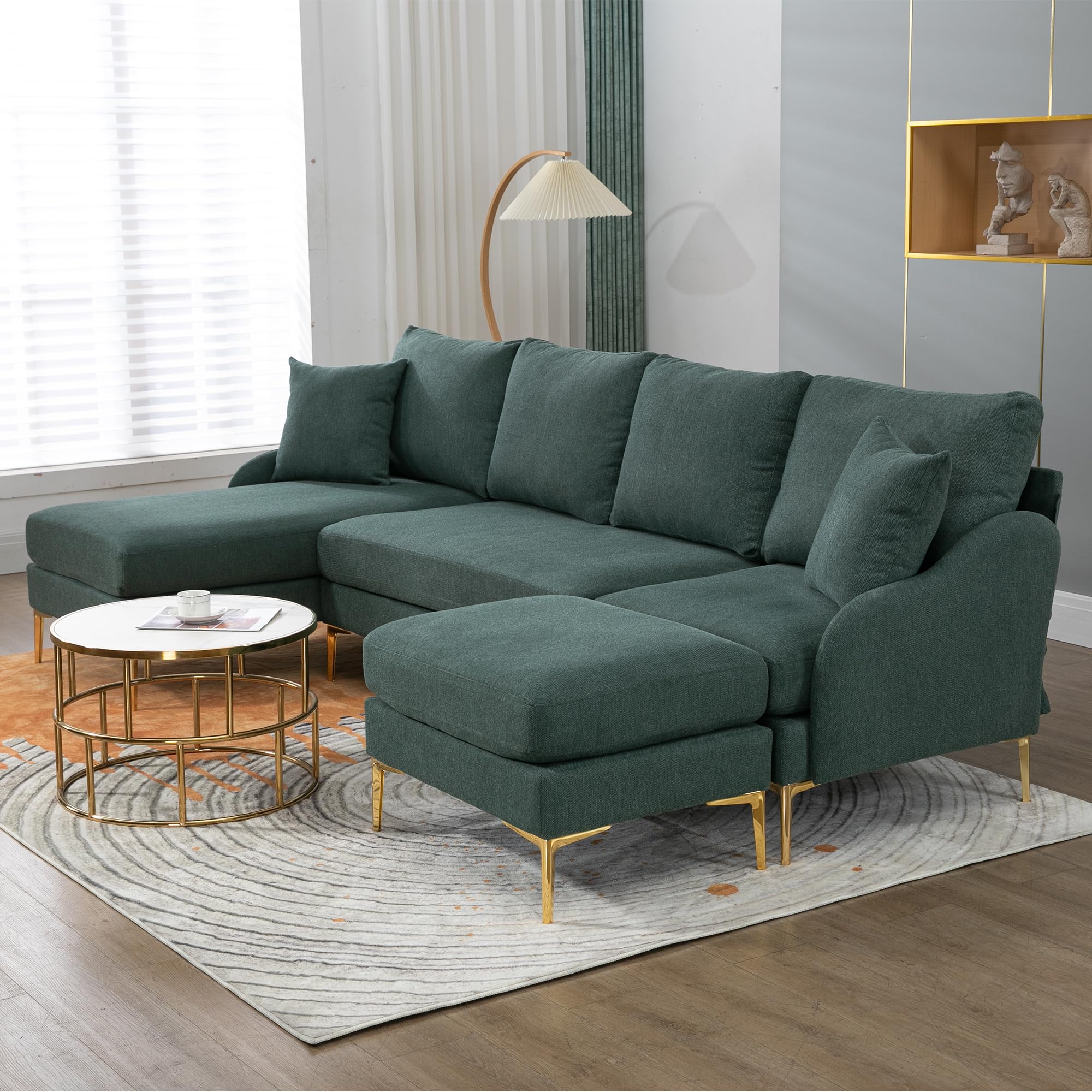 Haplized Modern U-Shape Sectional Sofa, 110'' Reversible Left or Right Chaise of Sectional Couch, 4-Seat Couch with Chaise and Ottoman, Comfortable Sectional Couches for Living Room Apartment, Green