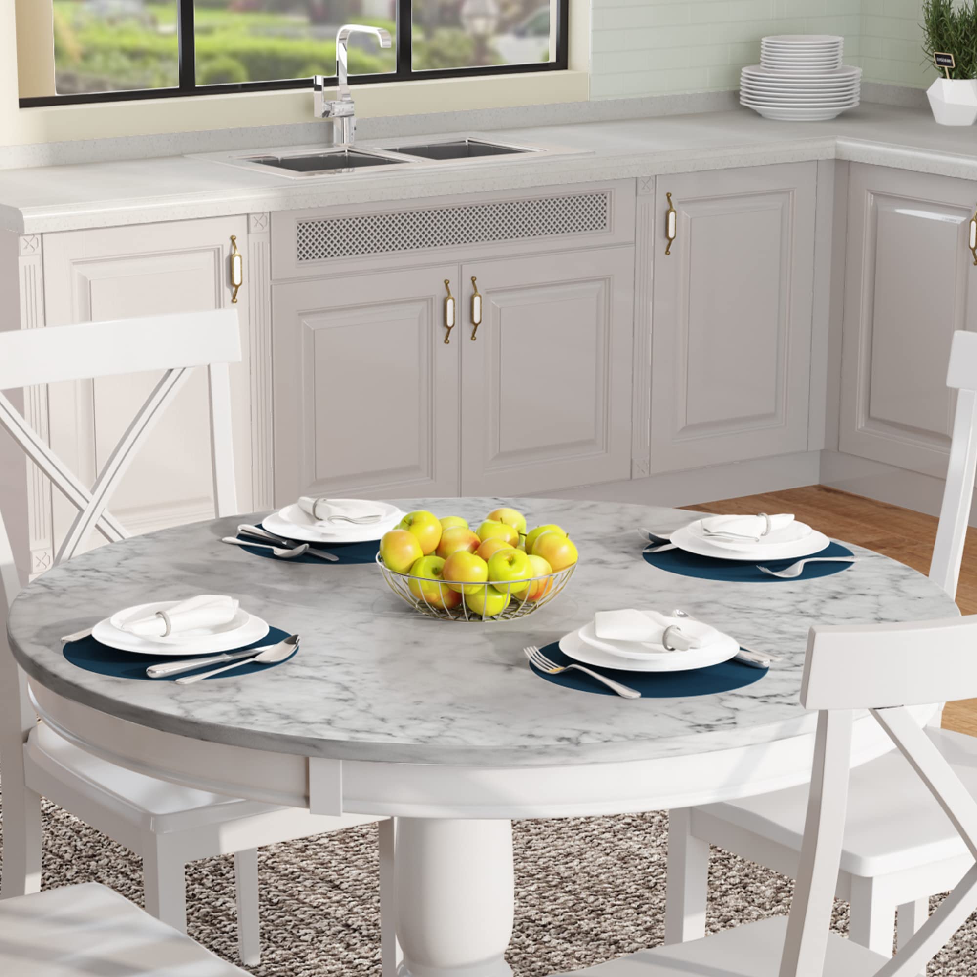 OPTOUGH 5 Piece Round Dining Table Set for 4, Marble Veneer and X Back 4 Solid Wood Chairs, 42-Inch, White