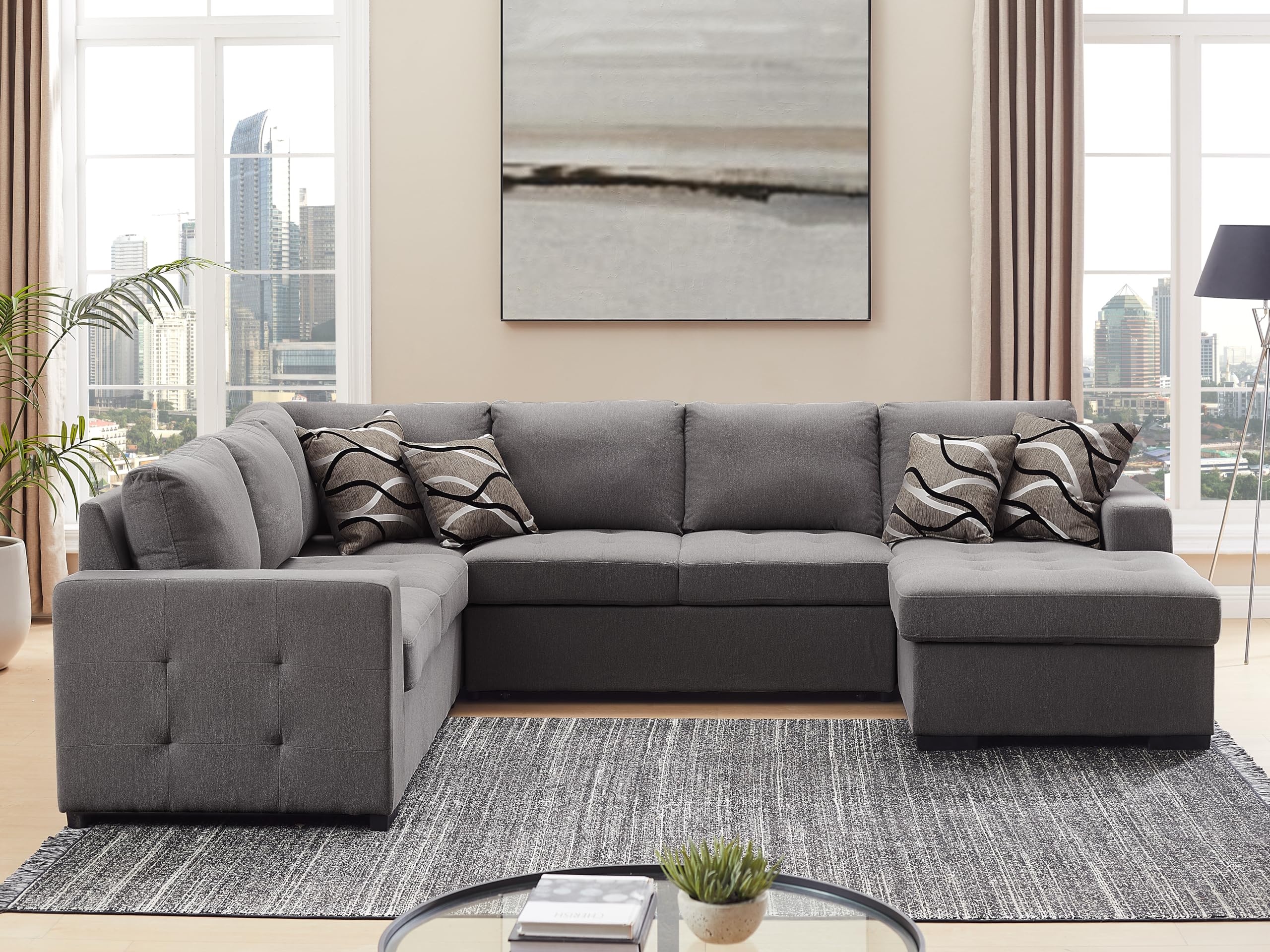 THSUPER Sectional Sleeper Sofa Couch Pull Out Bed with Storage Chaise, U Shape Oversized Sectionals Couches for Living Room, 6 Seater Gray