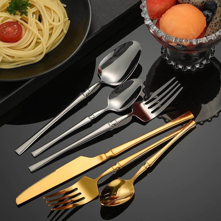 Gold Silverware Set with Steak Knives and Serving Utensils, Stainless Steel Flatware Cutlery Set for 4,Tableware for Home Kitchen Restaurant Wedding