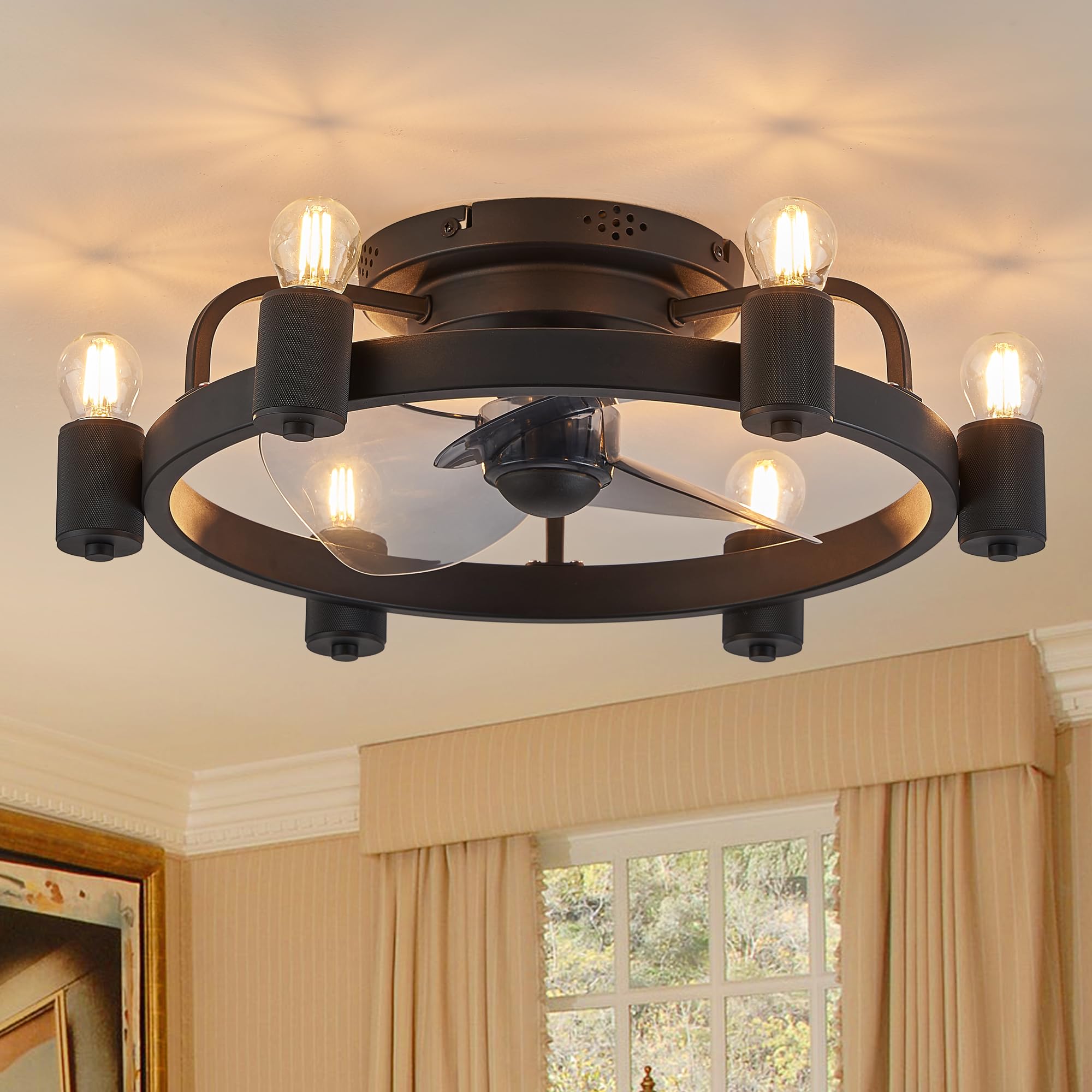 LEDIARY Low Profile Ceiling Fans with Lights Black, Flush Mount Ceiling Fan with Light, Modern Farmhouse Industrial Small Ceiling Fan with Remote for Bedroom,Kitchen,Home