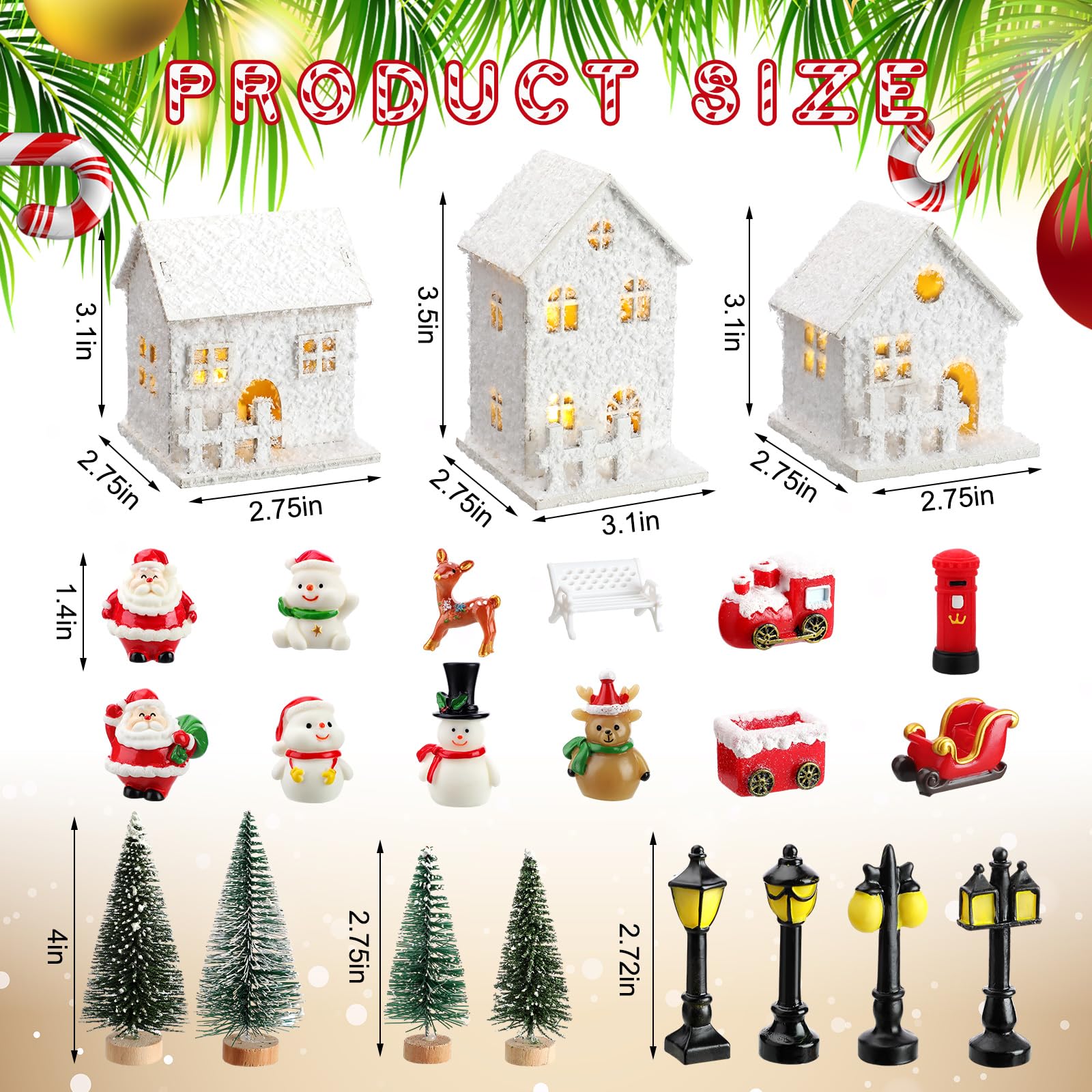 Maitys 26 Pcs Christmas Village Sets Houses LED Lighted Accessories Town Scene Christmas Figurines Battery Operated for Desktop Holiday Miniature Decorations