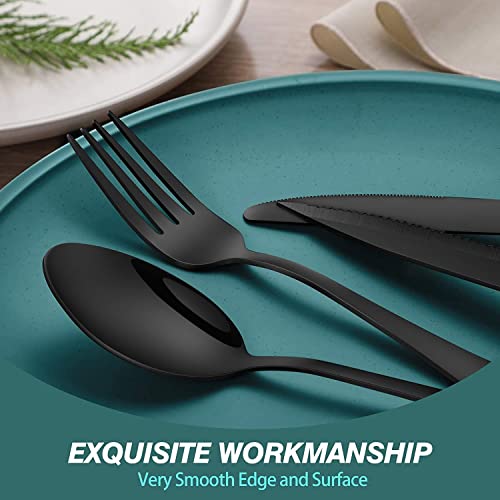 Black Silverware Set with Steak Knives,Black Flatware Set for 12,72-Piece Stainless Steel Tableware Cutlery Set,Kitchen Utensils Spoon and Fork Set,Dishwasher Safe