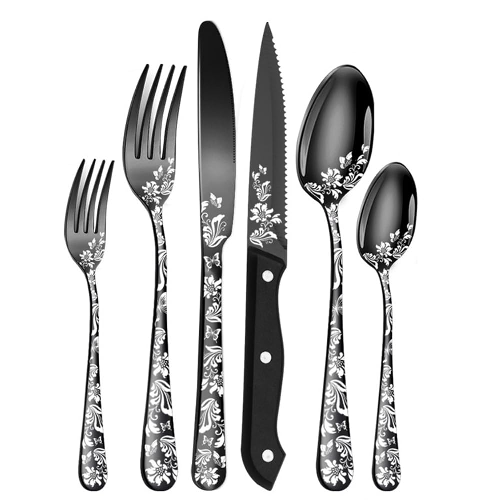 Aimilan 72 Pcs Black Silverware Set with Steak Knives Service for 12,Stainless Steel Creative Print Flatware Set,Mirror Polished Cutlery Utensil Set, Dishwasher Safe (72 Pcs Service for 12)