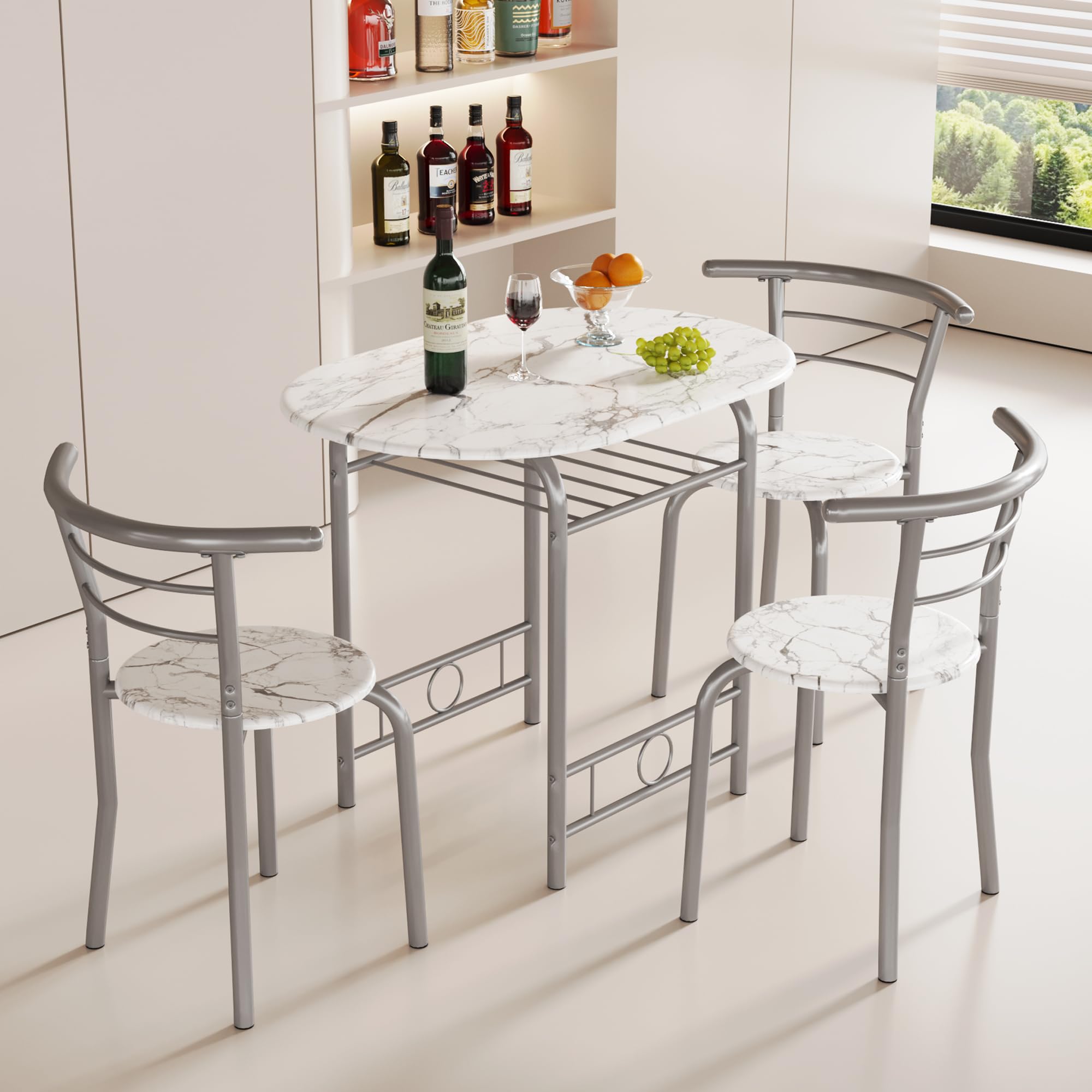 JUMMICO 3-Piece Wooden Round Table & Chair Set, Space Saving Kitchen Breakfast Nook Wood Grain Tabletop with Metal Frame and Built-in Wine Rack for Kitchen, Dining Room (White/Silver)
