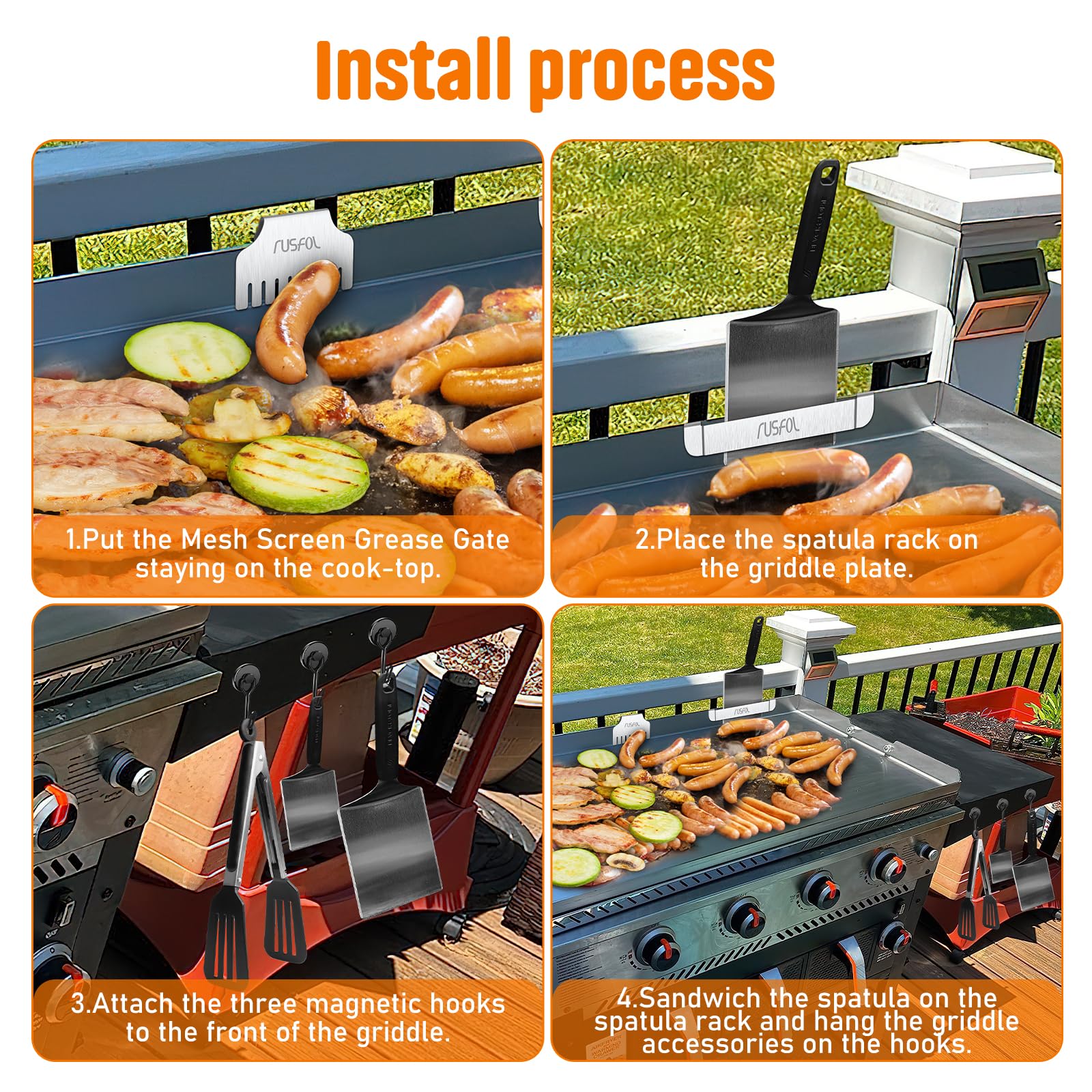 RUSFOL 3-in-1 Stainless Steel Griddle Spatula Holder with Mesh Screen Grease Gate and 3 Magnetic Hooks for 28"/36" Blackstone Griddles, Flat Top Griddle BBQ Accessories, Free from Drill&Easy Install