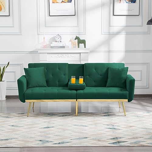 Eafurn Convertible Futon Sofa Bed with 2 Cup Holders, Modern Velvet Split-Back Folding Loveseat Sleeper Couches w/Adjustable Tufted Backrest,Square Armrest Sofabed, Dark Green 72.4" with 2 Pillows