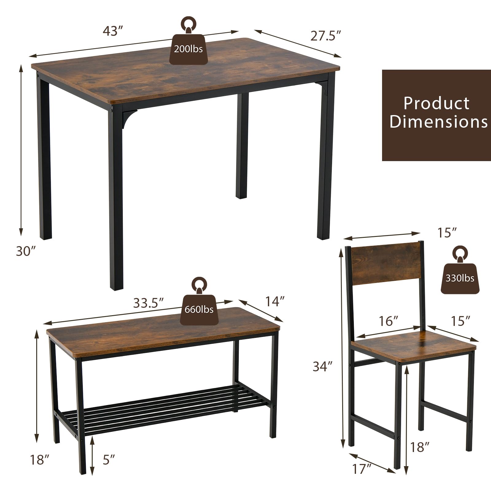 Giantex Dining Table Set for 4, Kitchen Table with Bench and Chairs, Industrial Gathering Bench Dining Set W/Metal Frame & Storage Rack, Dinette Set, Modern Functional Desk Set (Coffee)