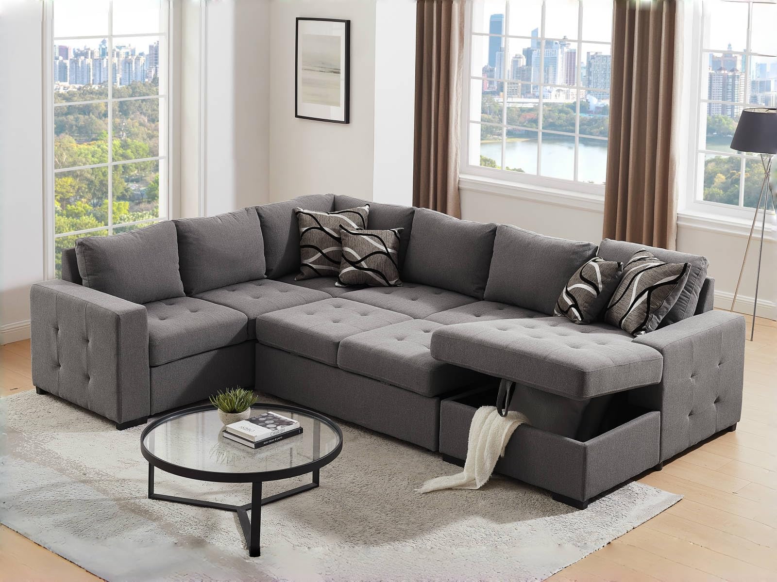 THSUPER Sectional Sleeper Sofa Couch Pull Out Bed with Storage Chaise, U Shape Oversized Sectionals Couches for Living Room, 6 Seater Gray