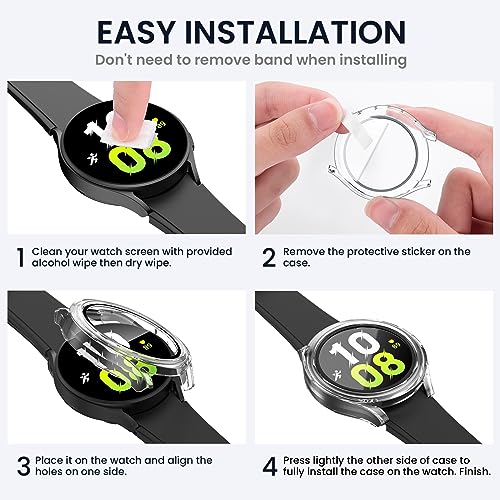 Tensea for Samsung Galaxy Watch 5 2022 & 4 2021 Waterproof Screen Protector Case 44mm Accessories, Protective Face Cover for 44 mm, Hard Bumper Built-in Tempered Glass Film Women Men