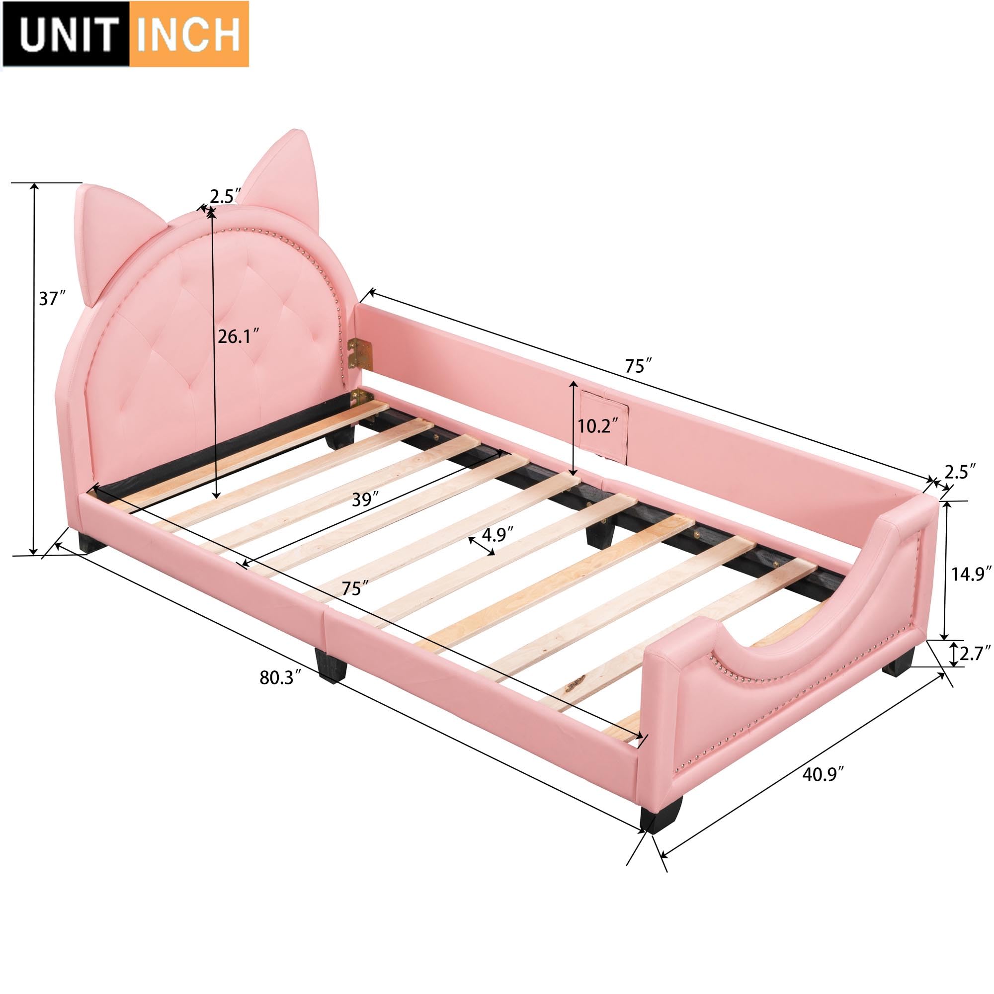RIDFY Daybed with Headboard, Rabbit-Shaped Camas, Wood Twin Platform Bed Frame for Girls Boys, Cute Upholstered Sofa Bed, PU Leather, Space-Saving, No Box Spring Needed (Pink)