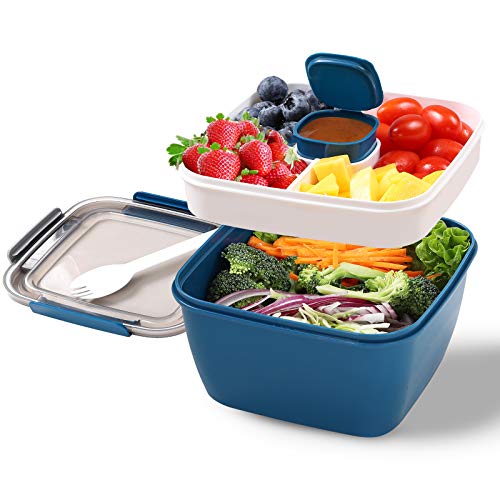 Portable Salad Lunch Container - 38 Oz Salad Bowl - 2 Compartments with Dressing Cup, Large Bento Boxes, Meal Prep to go Containers for Food Fruit Snack