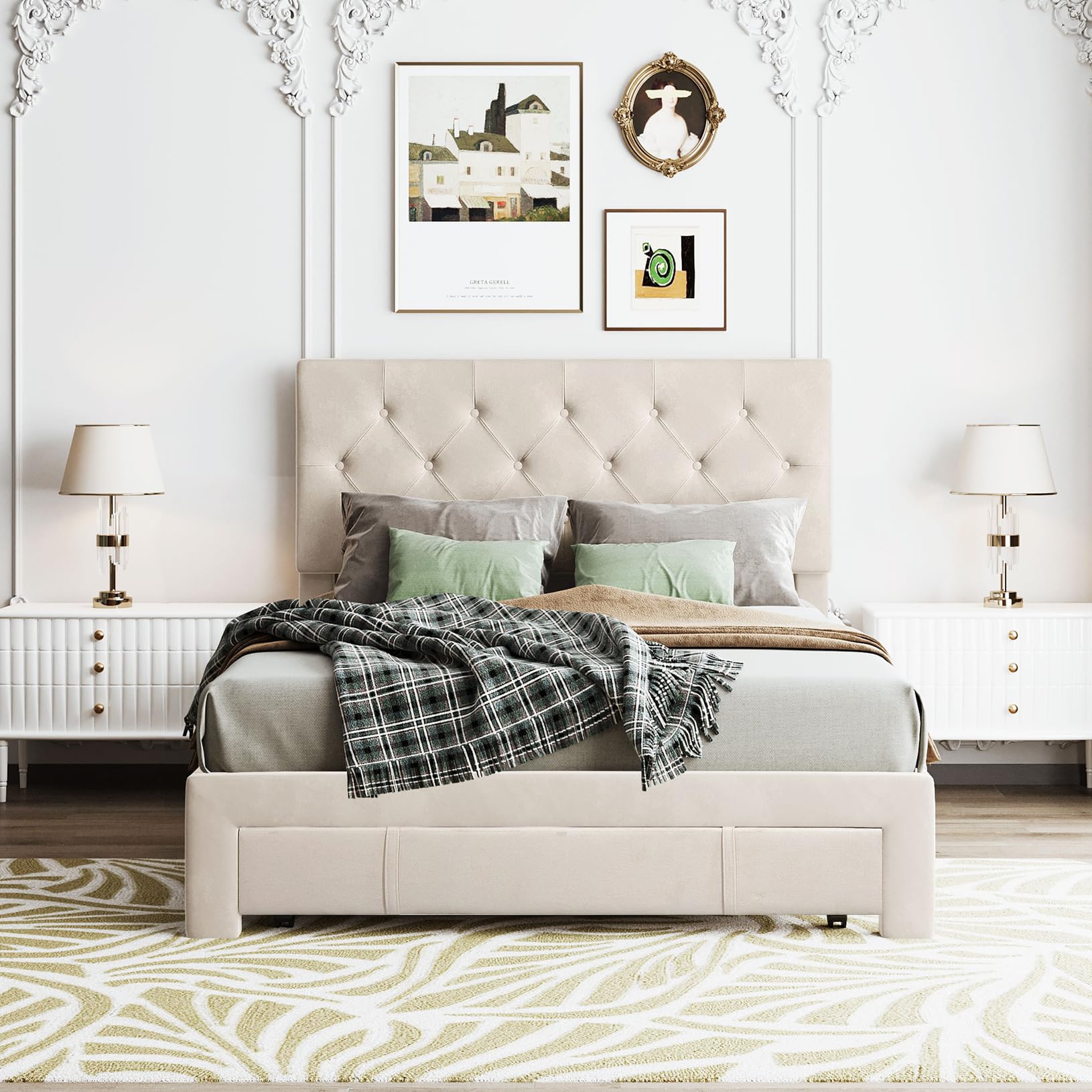 Altillo Full Size Velvet Upholstered Platform Bed Frames with Large Storage Drawer, Mid-Century Modern Platform Bed with Solid Wood Slat Support for Bedroom Boys Girls, Under Bed Storage, Beige