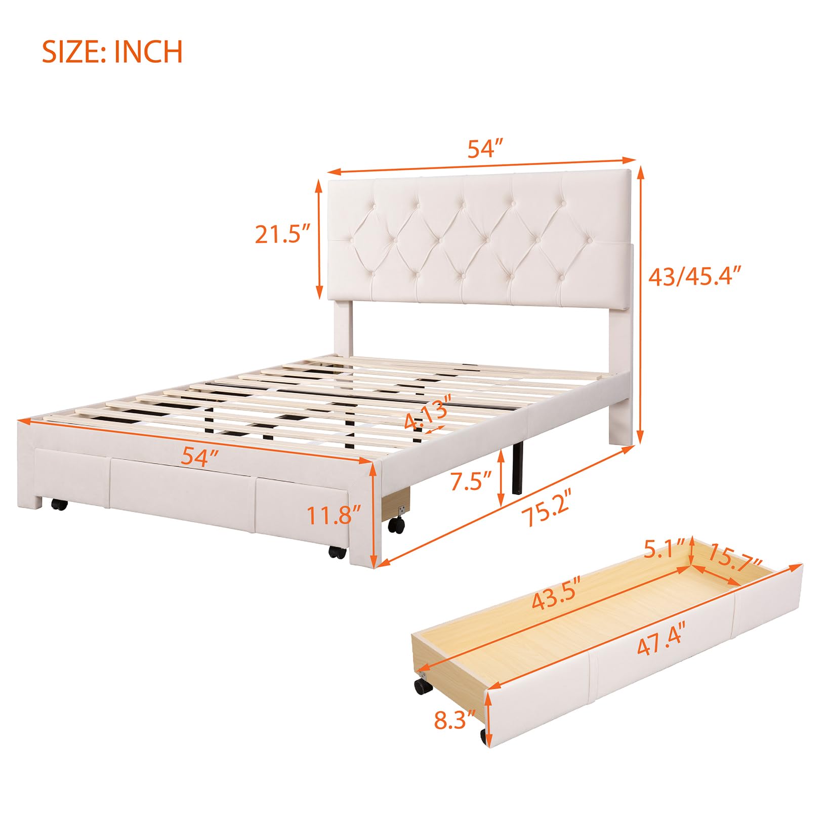 Altillo Full Size Velvet Upholstered Platform Bed Frames with Large Storage Drawer, Mid-Century Modern Platform Bed with Solid Wood Slat Support for Bedroom Boys Girls, Under Bed Storage, Beige
