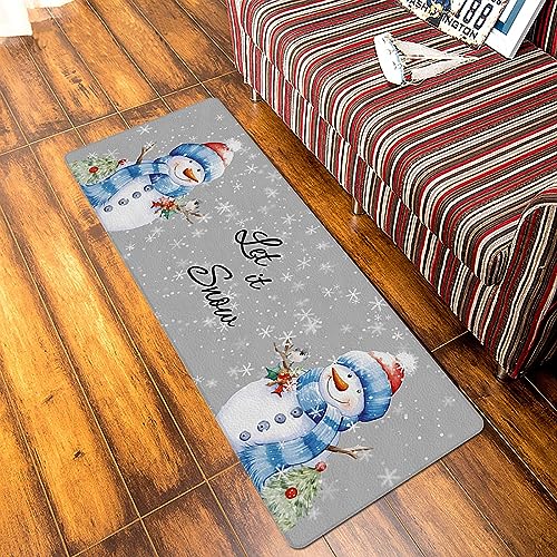 Grey Snowman Antifatigue Kitchen Bath Door Mat Cushioned Runner Rug,Washable Welcome Floor Sink Mat,Waterproof Non-Slip Comfort Standing Doormat,Christmas Winter Snowflake Bird Berry 18"x30"
