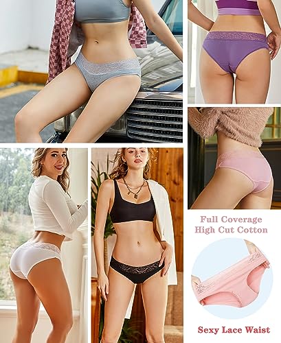 Knowyou Cotton Underwear Cheeky Panties for Women - Lace Waist Bikinis Breathable Hipster 7 Pack