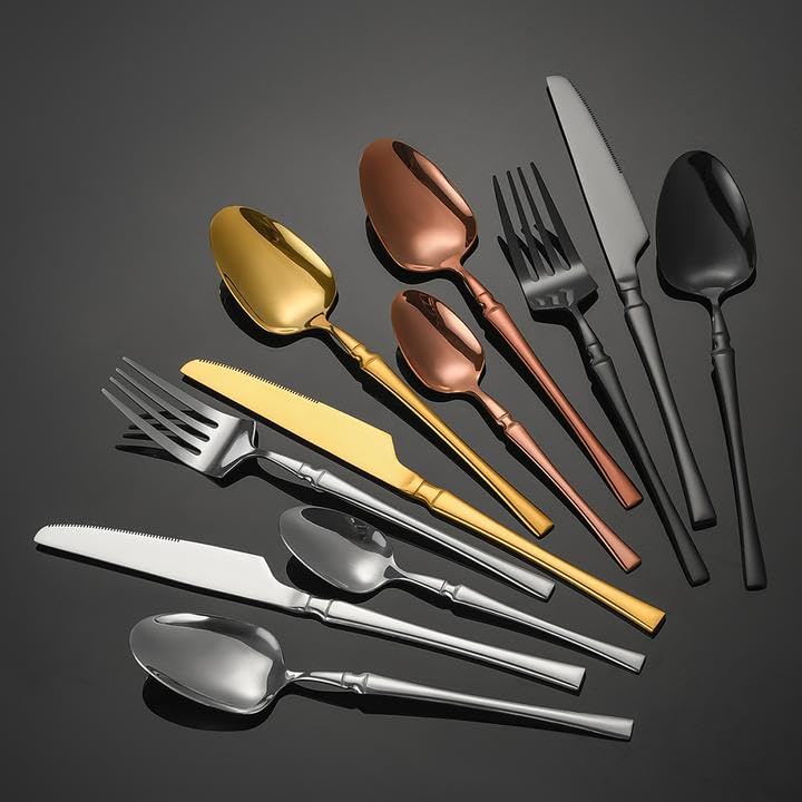 Gold Silverware Set with Steak Knives and Serving Utensils, Stainless Steel Flatware Cutlery Set for 4,Tableware for Home Kitchen Restaurant Wedding