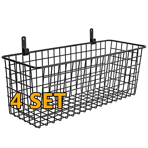 4 Set [Extra Large] Hanging Wall Basket for Storage, Wall Mount Sturdy Steel Wire Baskets, Metal Hang Cabinet Bin Wall Shelves, Rustic Farmhouse Decor, Kitchen Bathroom Organizer, Black