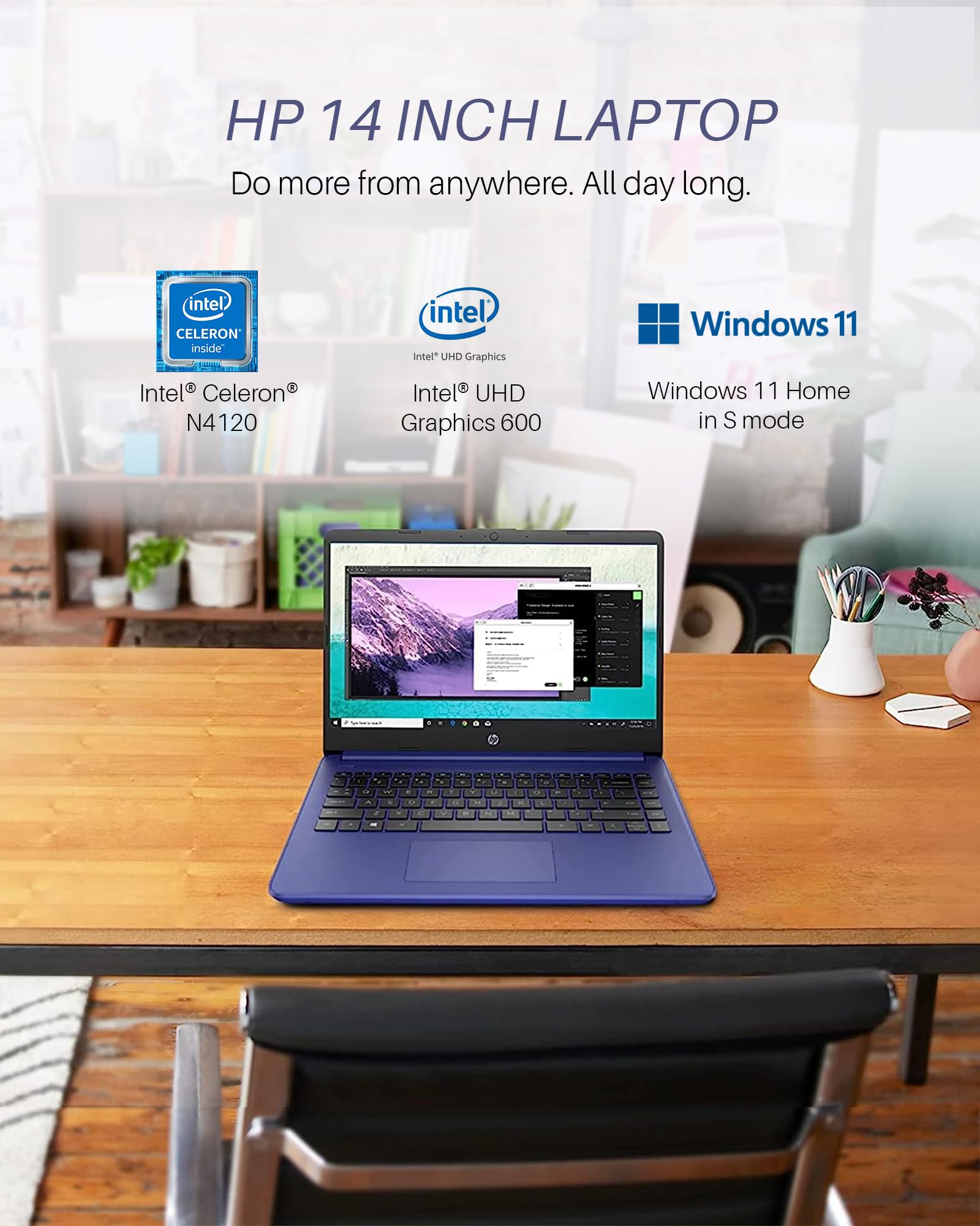 hp 2023 New 14" HD Screen Student Laptop, 12 Hours Long Battery Life,16GB RAM, 320GB Storage(64GB eMMC+256GB Micro SD Card), Quad-Core Intel Celeron N4120, UHD Graphics, WiFi, Blue, Windows 11 Home