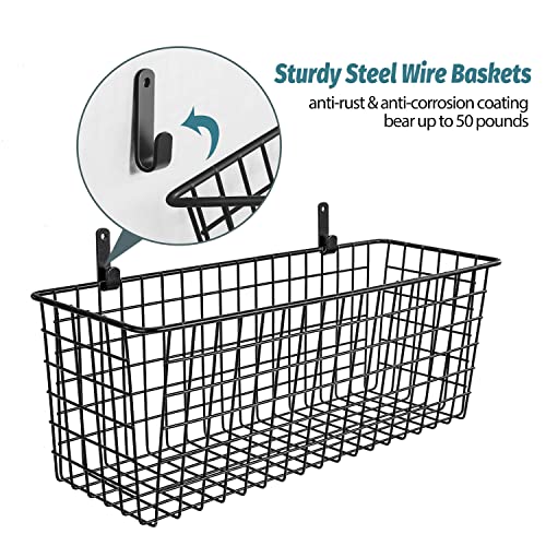 4 Set [Extra Large] Hanging Wall Basket for Storage, Wall Mount Sturdy Steel Wire Baskets, Metal Hang Cabinet Bin Wall Shelves, Rustic Farmhouse Decor, Kitchen Bathroom Organizer, Black