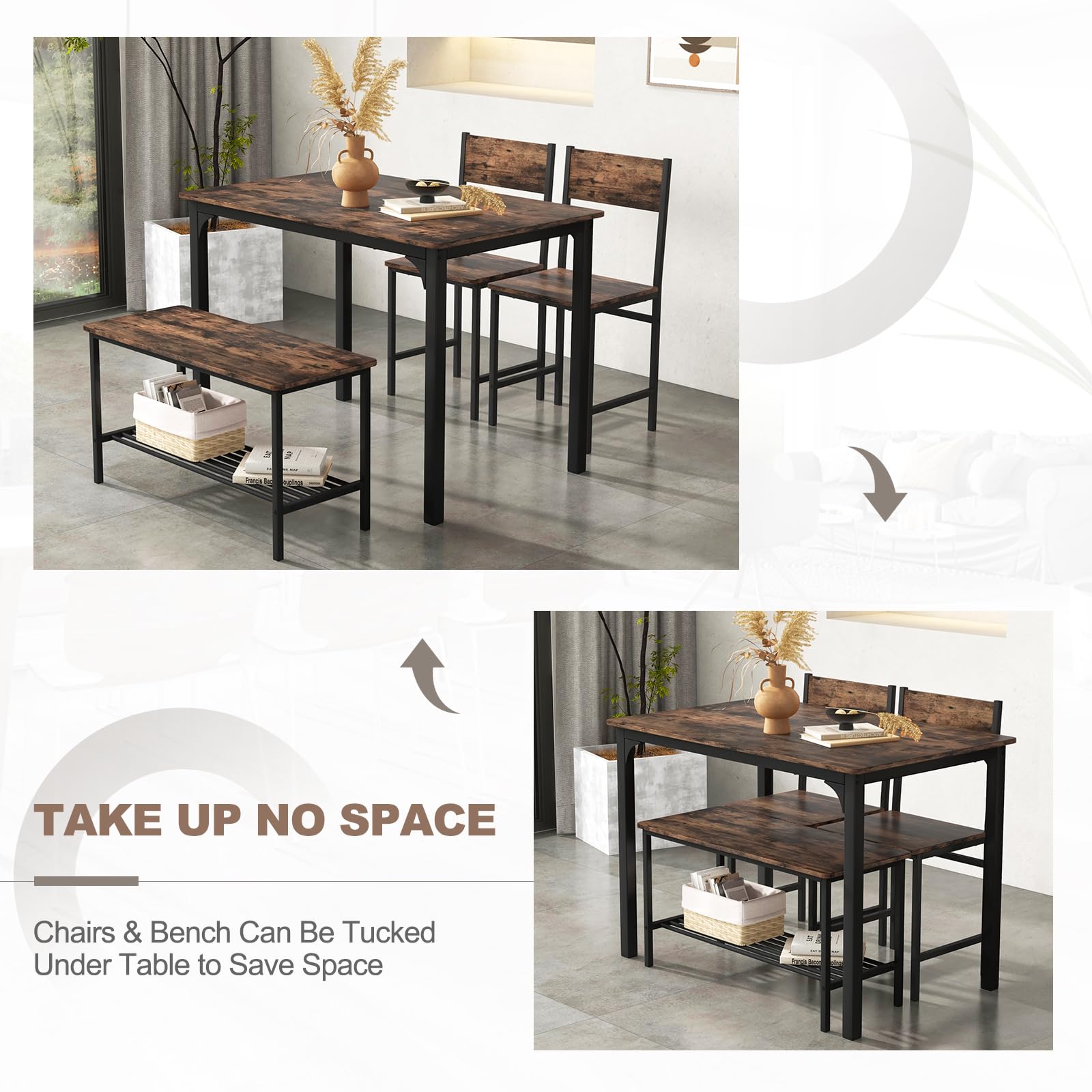 Giantex Dining Table Set for 4, Kitchen Table with Bench and Chairs, Industrial Gathering Bench Dining Set W/Metal Frame & Storage Rack, Dinette Set, Modern Functional Desk Set (Coffee)