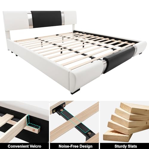 Kallabe Full Modern Faux Leather Upholstered Bed Frame with Adjustable Headboard, LED Lights,Low Profile Platform Bed with Iron Piece Decor,Wooden Slats Support, No Box Spring Needed, White & Black