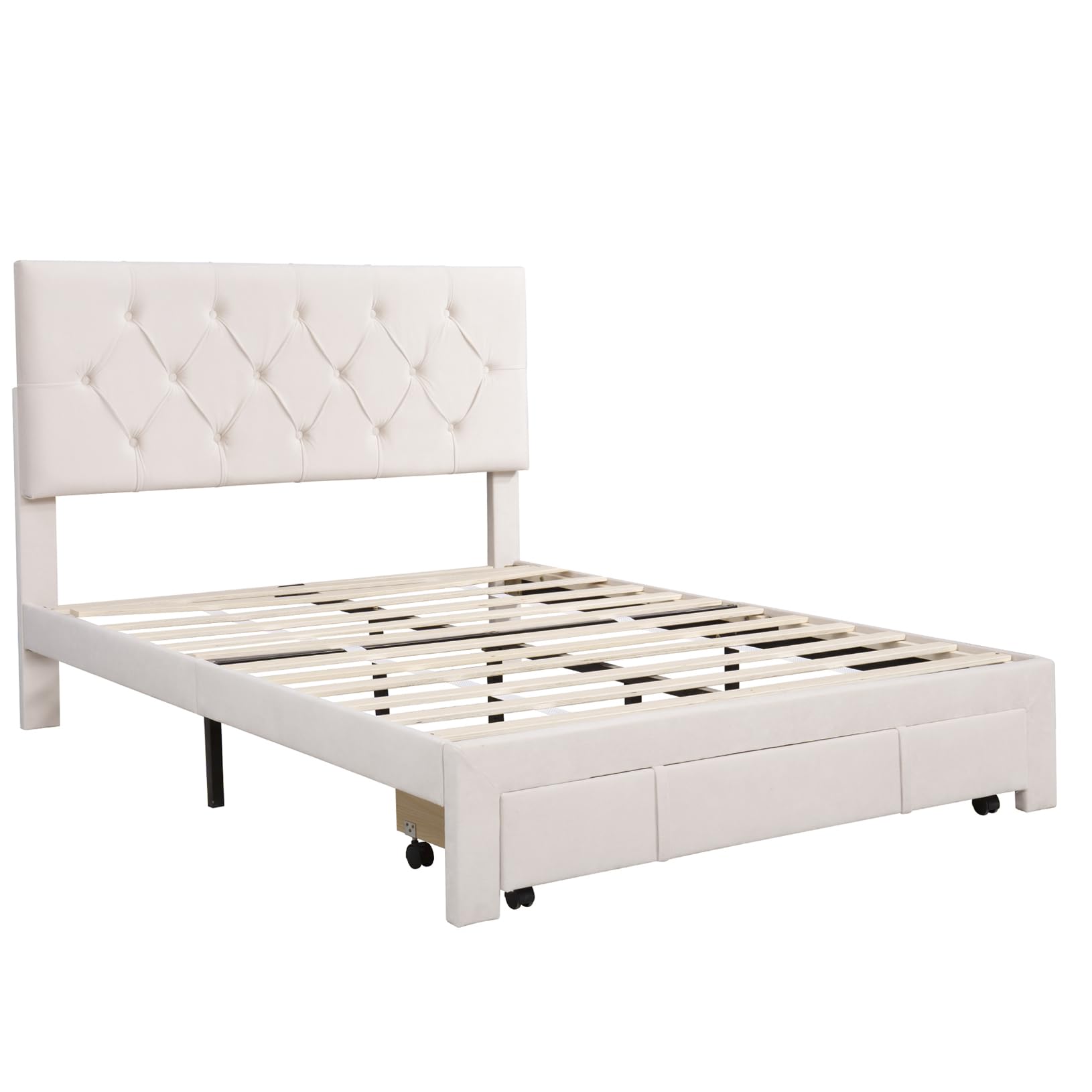 Altillo Full Size Velvet Upholstered Platform Bed Frames with Large Storage Drawer, Mid-Century Modern Platform Bed with Solid Wood Slat Support for Bedroom Boys Girls, Under Bed Storage, Beige