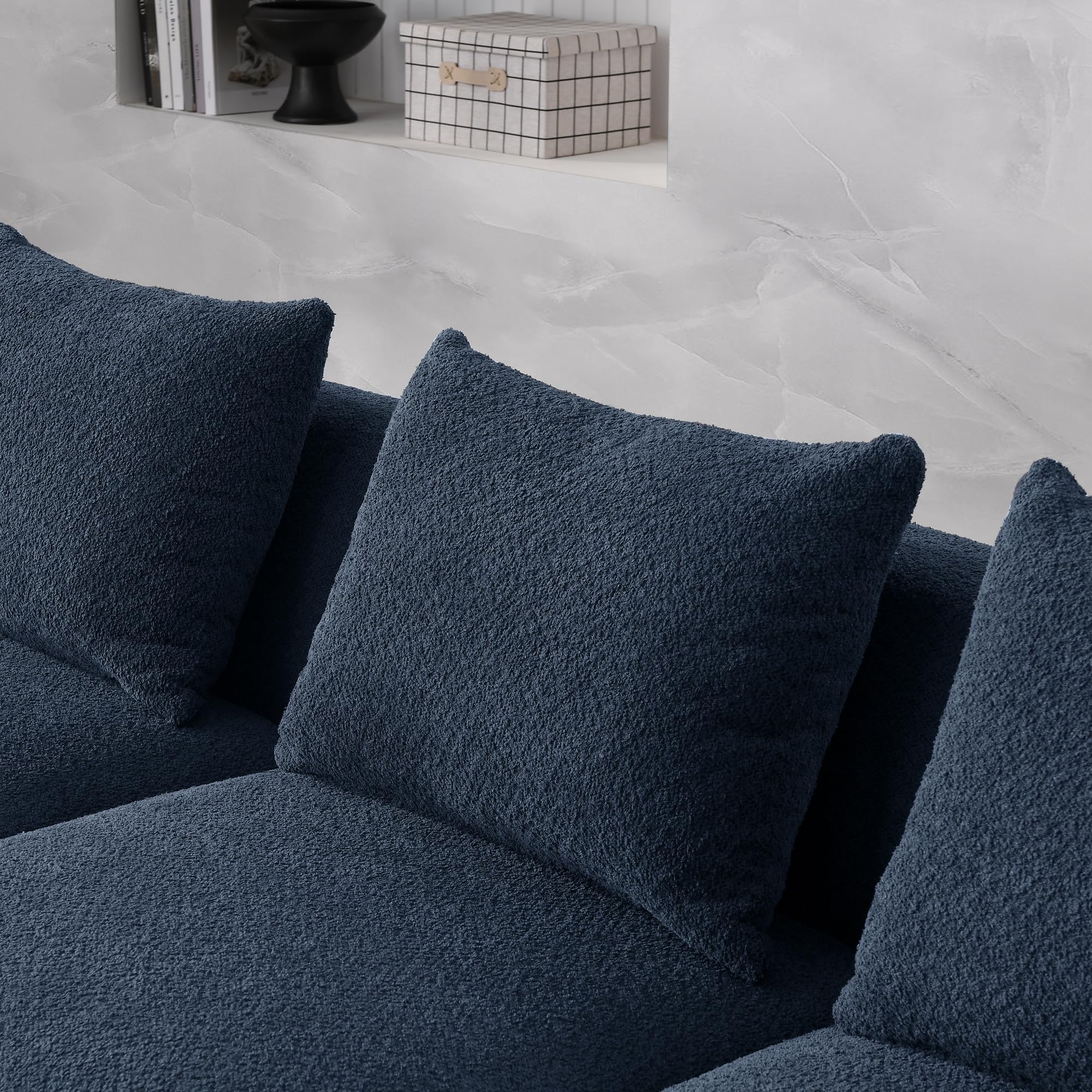 DHPM Modular Sectional, U-Shaped Couch with Double Chaise & Pillows, Modern Minimalist Boucle Fabric Large Comfy Sofa for Living Room Office Apartment, 117 inch, Navy