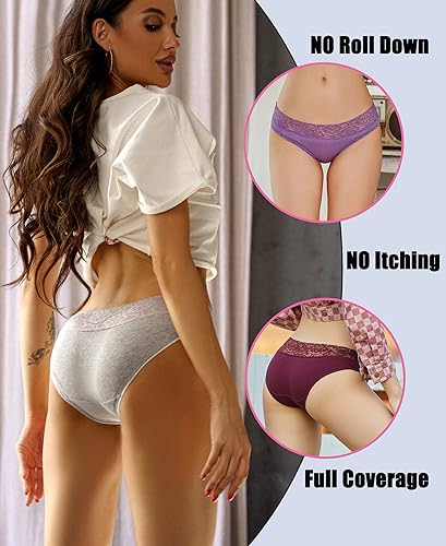 Knowyou Cotton Underwear Cheeky Panties for Women - Lace Waist Bikinis Breathable Hipster 7 Pack