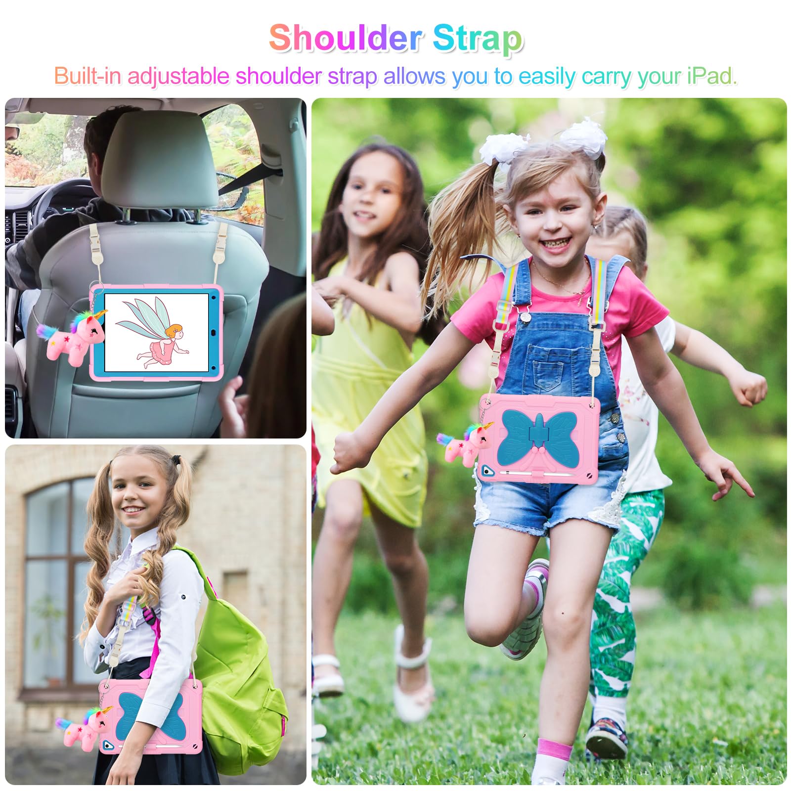 VOFUOE for iPad 6th/5th Generation Case with Screen Protector for iPad 9.7 Case 2018 2017 Butterfly Stand Strap Dolls Pencil Holder Kids Girls Hard Cover for iPad Pro for iPad Air 2th 9.7''-Pink Blue