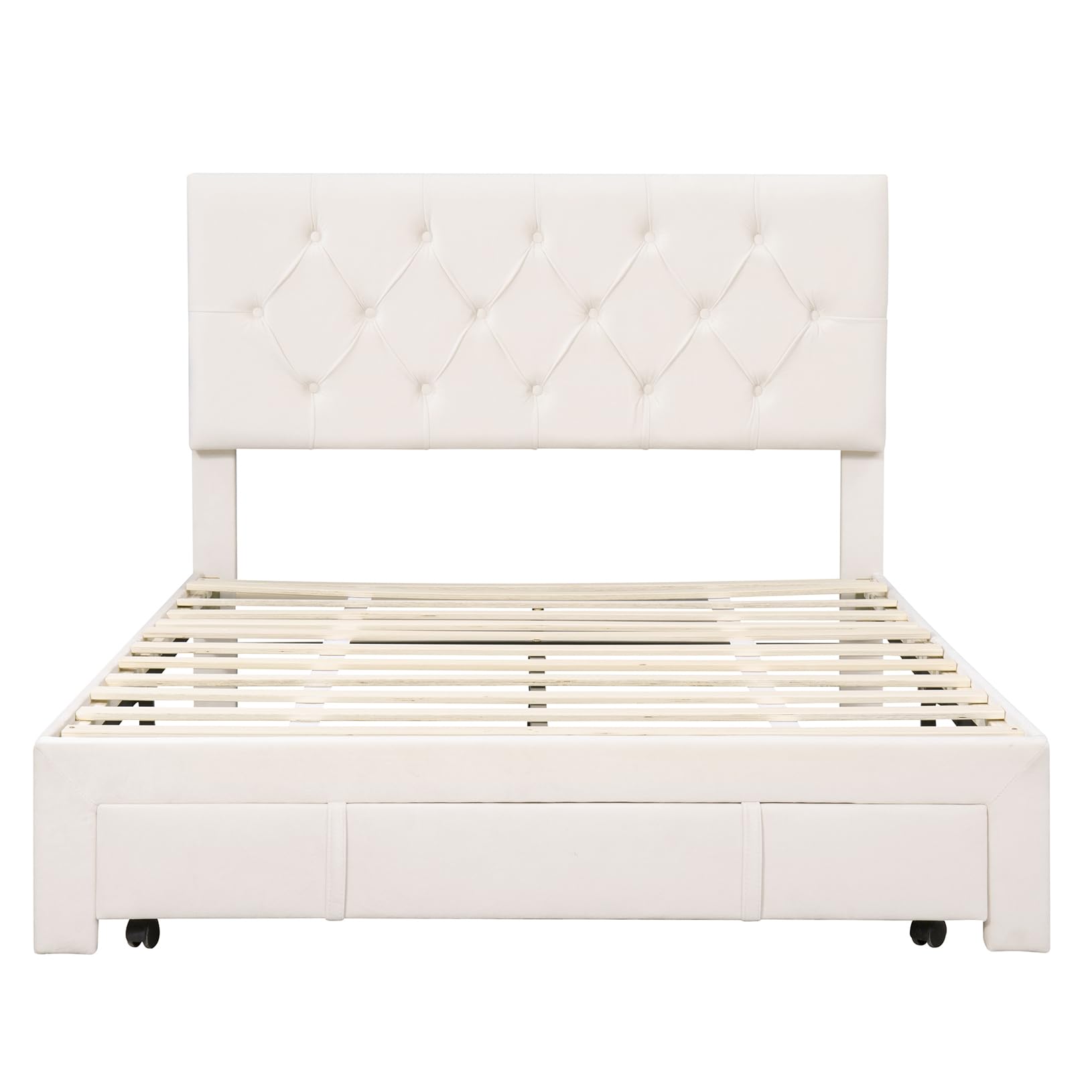Altillo Full Size Velvet Upholstered Platform Bed Frames with Large Storage Drawer, Mid-Century Modern Platform Bed with Solid Wood Slat Support for Bedroom Boys Girls, Under Bed Storage, Beige
