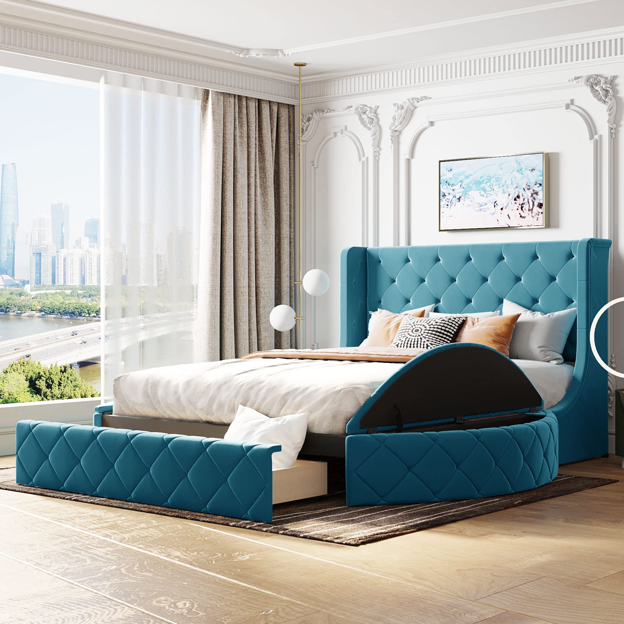 LCH Upholstered Bed,Queen Size Upholstered Platform Bed with Additional Storage Space,Velvet Bed with Wingback Headboard and 1 Big Drawer,2 Side Storage Stool for Bedroom and Guest Room,Blue