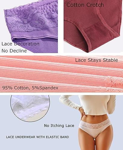 Knowyou Cotton Underwear Cheeky Panties for Women - Lace Waist Bikinis Breathable Hipster 7 Pack