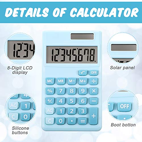 2 Pieces Basic Standard Calculators Small Digital Desktop Calculator with 8-Digit LCD Display, Battery Solar Power Smart Calculator Pocket Size for Kids for Home School (Blue, Pink)
