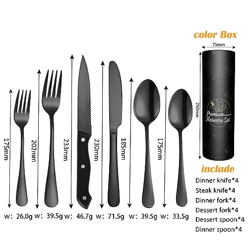 Black Silverware Set with Steak Knives,Black Flatware Set for 12,72-Piece Stainless Steel Tableware Cutlery Set,Kitchen Utensils Spoon and Fork Set,Dishwasher Safe