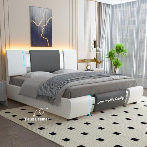 Kallabe Full Modern Faux Leather Upholstered Bed Frame with Adjustable Headboard, LED Lights,Low Profile Platform Bed with Iron Piece Decor,Wooden Slats Support, No Box Spring Needed, White & Black