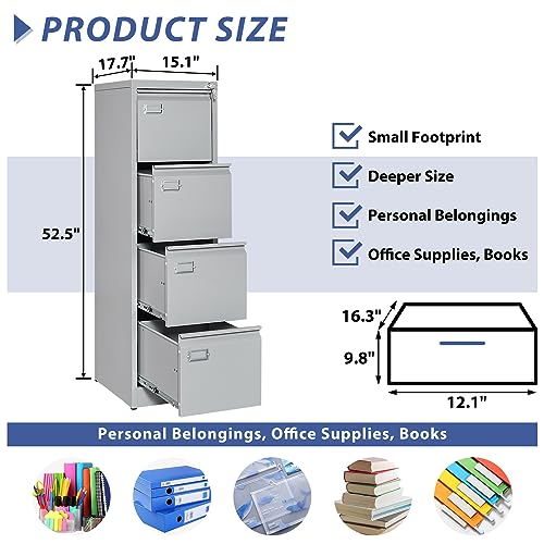 Anxxsu 4 Drawer File Cabinet, Filing Cabinets for Home Office, Metal Vertical File Storage Cabinet with Lock, Locking File Cabinet for A4 Legal/Letter, 15.1" W x 17.7" D x 52.5" H, Assembly Required