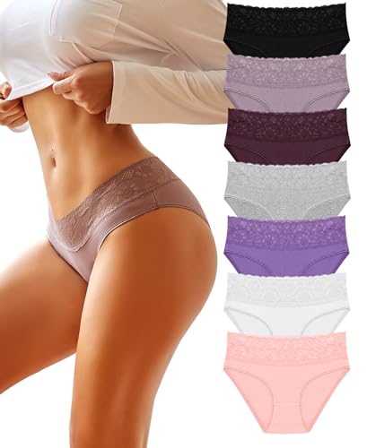 Knowyou Cotton Underwear Cheeky Panties for Women - Lace Waist Bikinis Breathable Hipster 7 Pack