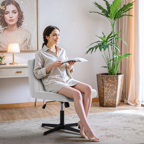 Shahoo Criss Cross Legged Chair, Armless Swivel Wide Padded Height Adjustable Fabric Home Office, Beige
