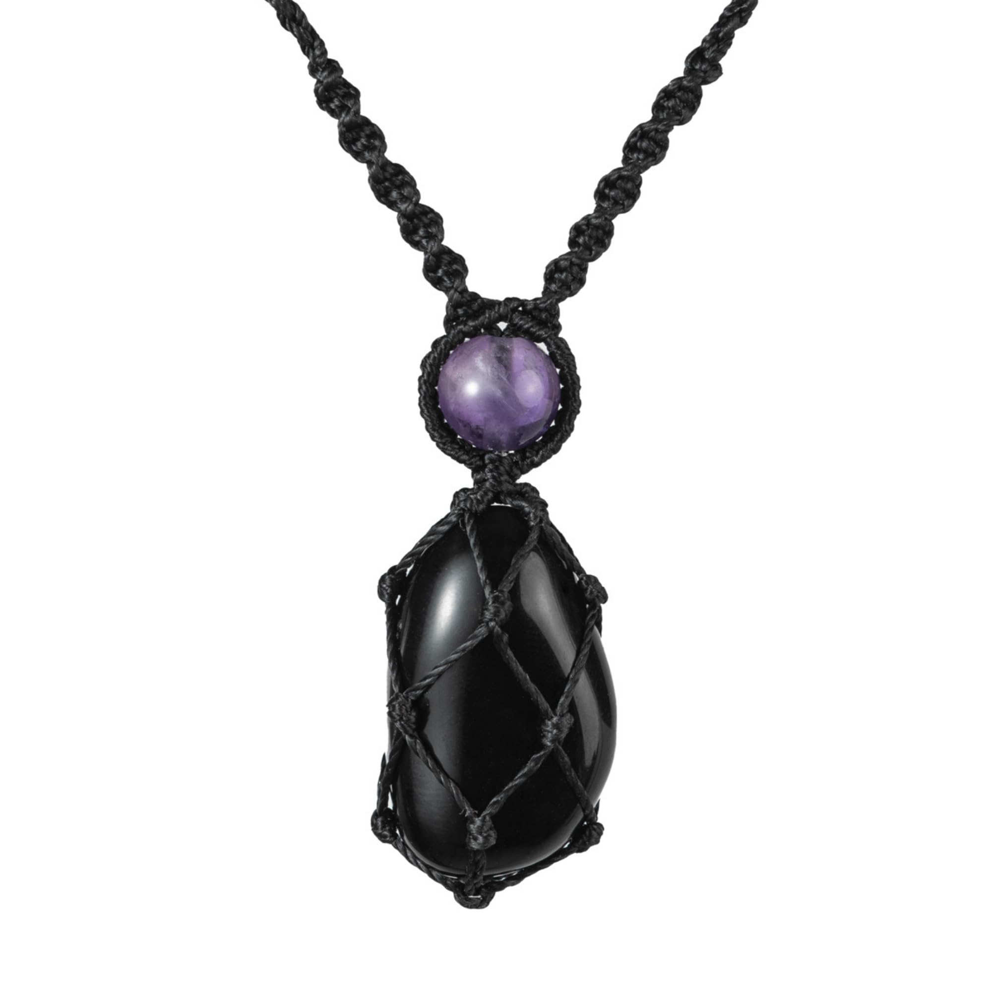 CrystalsMacrame Black Obsidian and Amethyst crystal necklace for protection and healing, handmade necklace with 2 stones pendant jewelry for women men teen girls boys